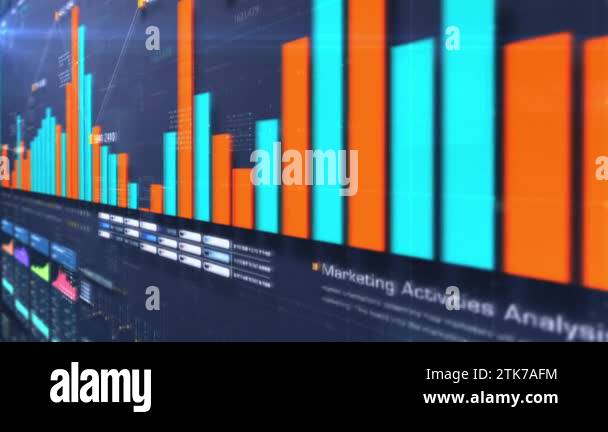 Interactive graphics, animated charts, and data-driven insights on a monitor display for a ...