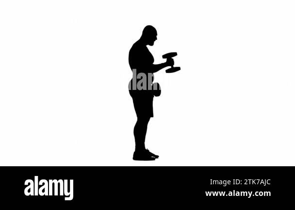 Side view of black silhouette of muscular man pumping his arms with ...