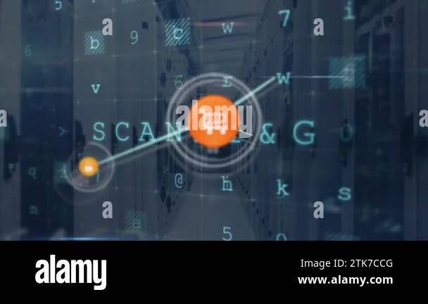 Animation of multiple texts, numbers, letters, symbols and connected icons against server room ...
