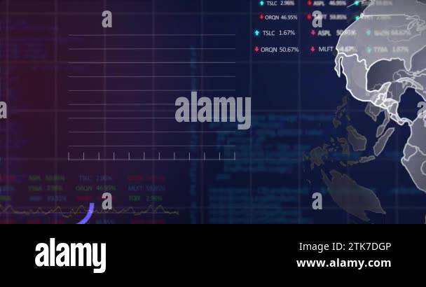 Animation of graphs, trading boards, rotating globe and computer language over black background ...