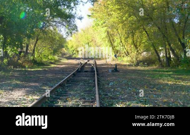 A fork in the railroad tracks in two directions. Close-up of a railroad ...