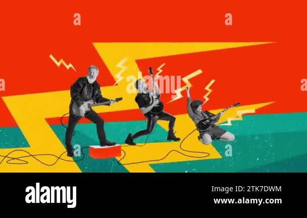 Rock and roll music band. Men and girl playing electric guitar against ...