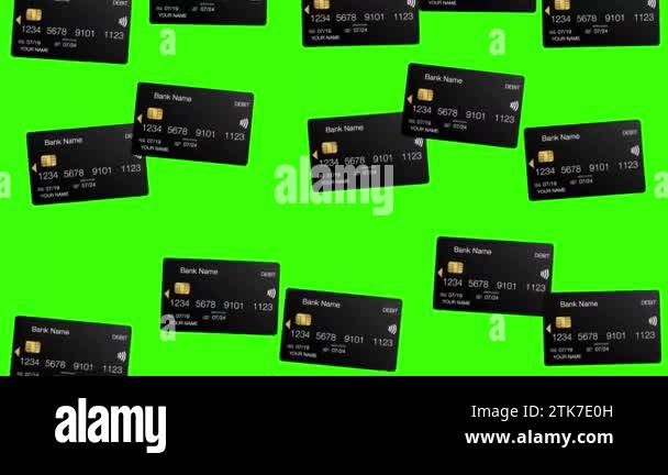 Black debit card animation raining on green screen 4k. Modern banking ...