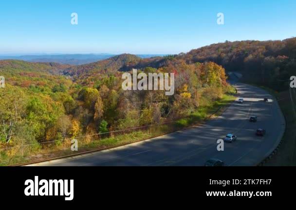 View from above of national freeway route in North Carolina leading ...