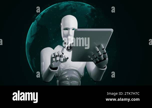 Robot hominoid using tablet computer for global network connection using AI thinking brain ...