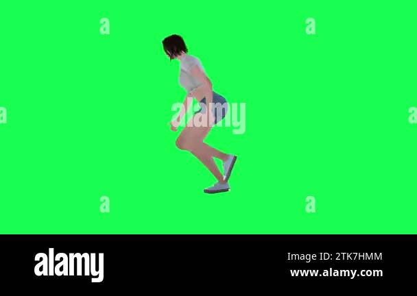 Slim woman in green screen with white skin and make-up face and short ...