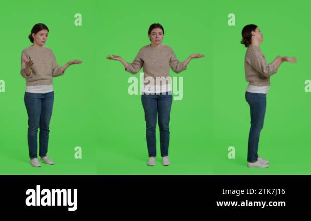 Upset frustrated woman acting angry on full body greenscreen, showing ...