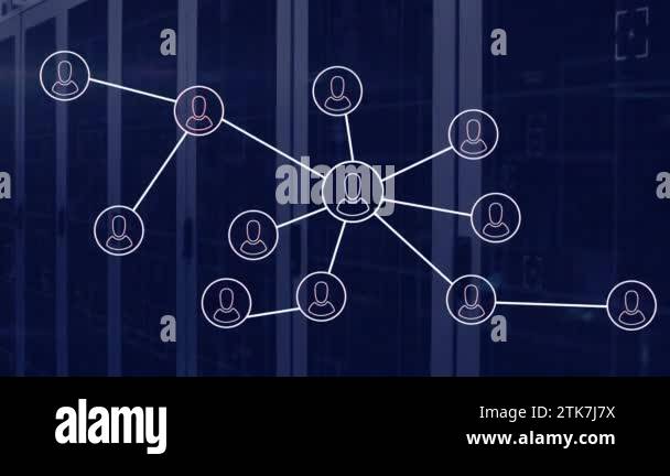 Animation of flowchart of icons over lens flares against data server ...