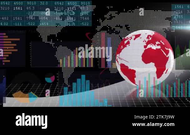 Animation of multicolored graphs, number chart and globe with map over black background ...