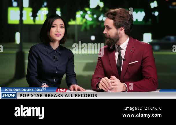 Newscasters team talk on tv program presenting events regarding famous people and working on new ...