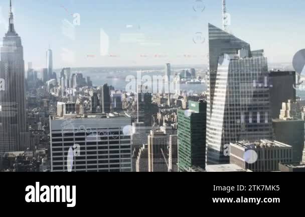 Animation of infographic interface over aerial view of cityscape ...