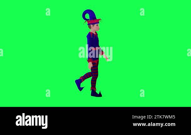 New Year's elf in red blue dress walking from left angle on green ...