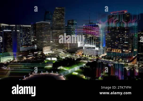 Miami United States. Aerial cyber city cityscape of smart city with ...