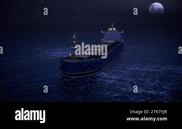 Night Cargo Ship Is Floating. Dry Cargo Ship Offshore In Open Sea ...
