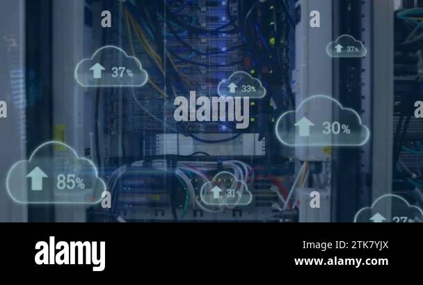 Animation of arrow and changing numbers in clouds over data server ...