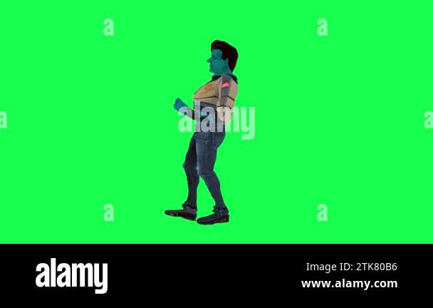 3D animated space blue man carrying package from right angle on green ...
