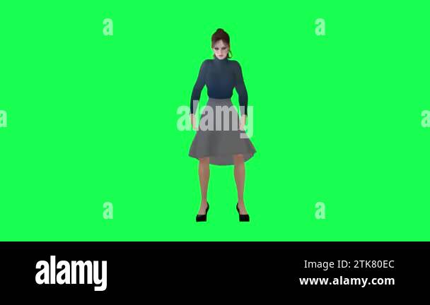 Slim woman with a big body in green screen with a long stein dress with ...