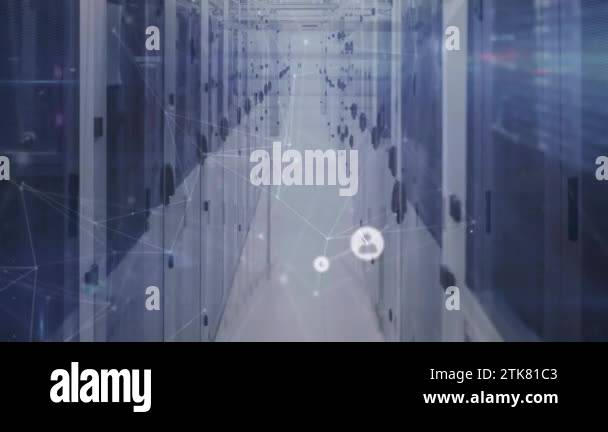 Animation of connected dots and icons over lens flares, programming language against server room ...