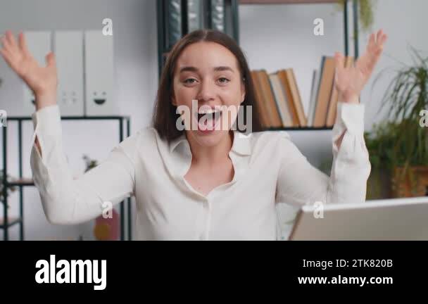 Excited amazed Caucasian business woman freelancer looking shocked ...