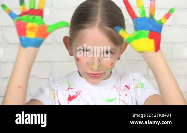 Kid Playing Painted Hands, Child Looking in Camera, Smiling School ...