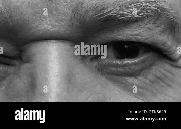Senior Man's Stern Gaze in monochromatic Macro Close-Up of Wrinkled ...