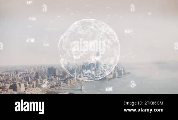 Animation Of Numbers Around Connected Dots Forming Globe Aerial View Of Modern Cityscape And