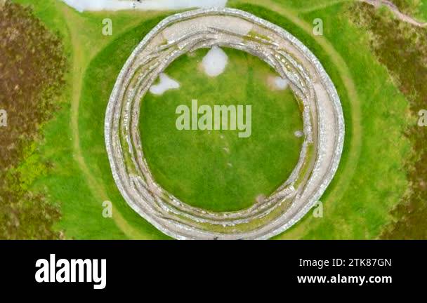 Top-down rotating view of Grianan of Aileach, ancient drystone ring ...