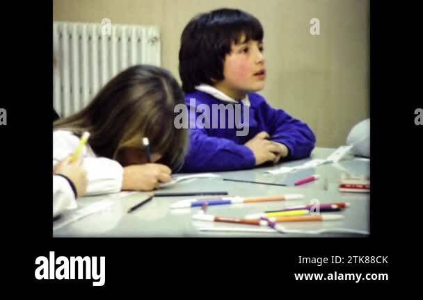 Milan, Italy March 1969: Elementary school Children class art lesson ...