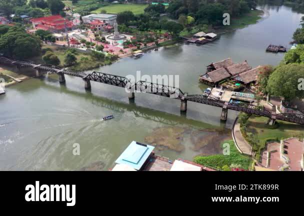 Aerial view of River Kwai Bridge with train rail way with Chao Phraya ...
