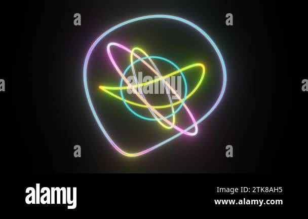 Magical glowing neon circles bend and change colors in various chaotic ways, creating the ...