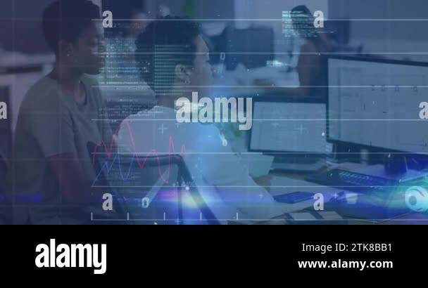 Animation of graphs, binary codes, computer language, diverse female coworkers discussing on ...