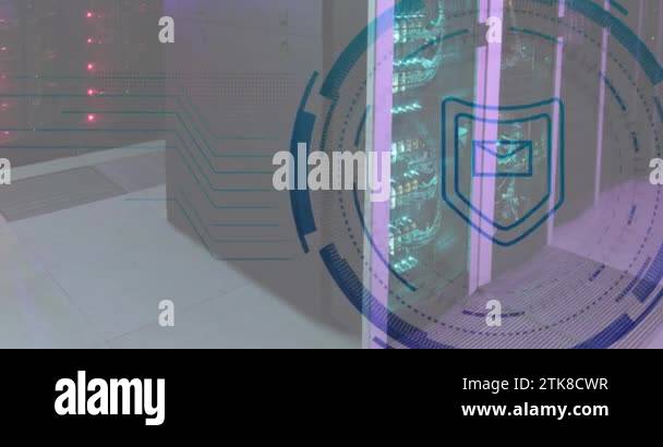 Animation of envelope and shield in loading circles, illuminated data server racks in server ...