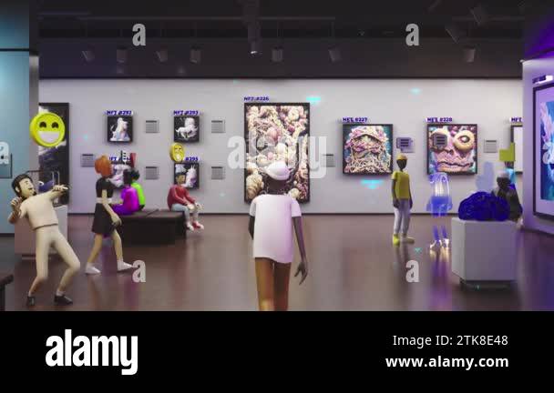 Exhibition of NFT pictures in meta universe. 3D avatars with emotions ...