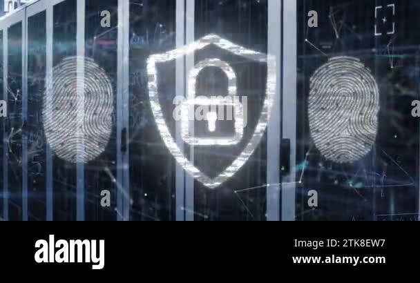 Animation Of Fingerprints Padlock Mathematical Equation Diagrams Connected Dots On Server