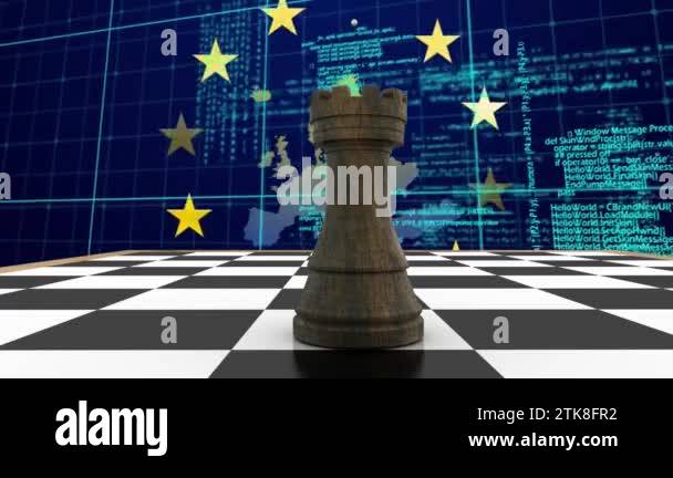 Animation of rook on chess board, european union flag, computer ...