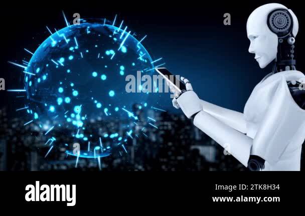 Robot hominoid use mobile phone or tablet for global network connection using AI thinking brain ...