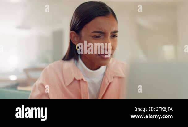 Stress, doubt and frustration with a remote work woman busy on a laptop ...