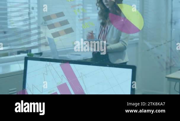 Animation of multicolored infographic interface over caucasian woman ...