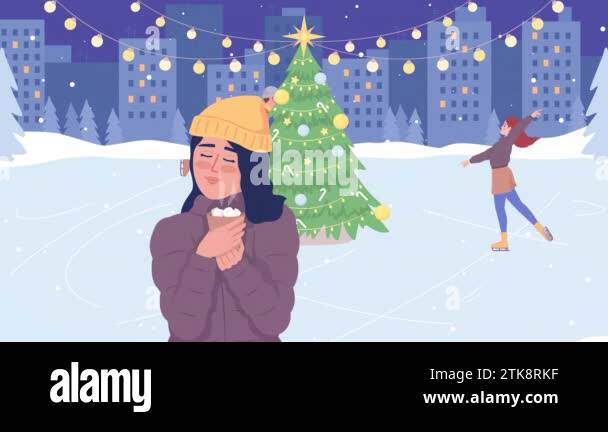 Animated ice rink illustration. Lady enjoying hot beverage. Decorated ...