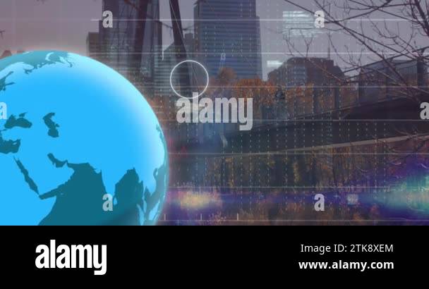 Animation of icons, rotating globe, graphs and computer language over modern buildings. Digital ...