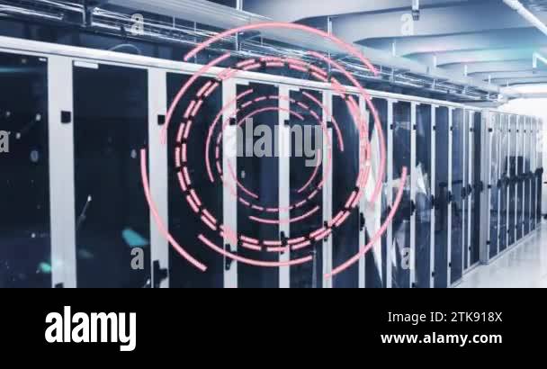 Animation of loading circles and connected dots forming geometric shapes over server room ...