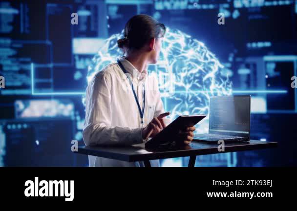 Productive engineer in high tech workspace uses artificial intelligence computing simulating ...