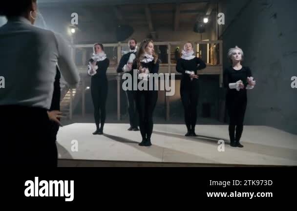 Wide shot unsure actress getting confused making mistake rehearsing on ...