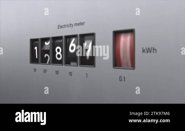 3D animation of electricity meter. Close-up view of kWh counter ...