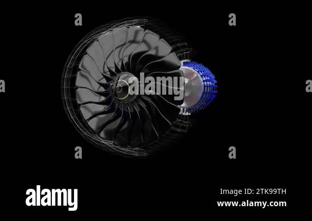Jet engine inside, partly wireframe model - 3D 4k animation (3840 x ...