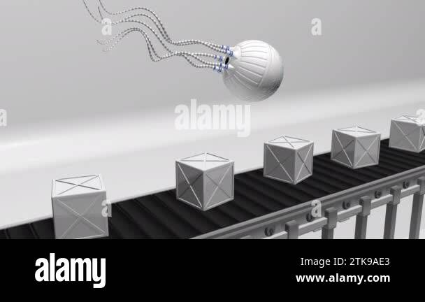 White spherical robot eye with optic nerves and blue iris floating ...