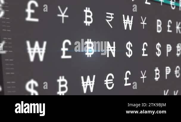 Animation of multiple currency symbols moving and lens flare over computer language on screen ...