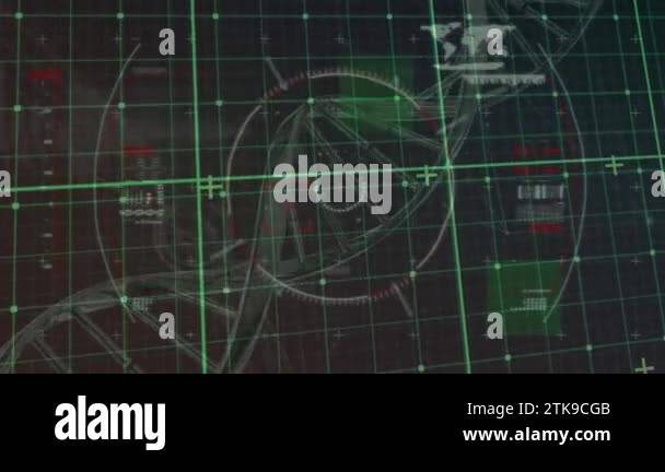 Animation of circles, map, loading bars with rotating dna helix over black background. Digitally ...