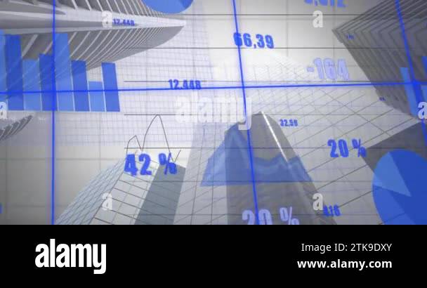 Animation of multiple graphs with changing numbers over low angle view ...