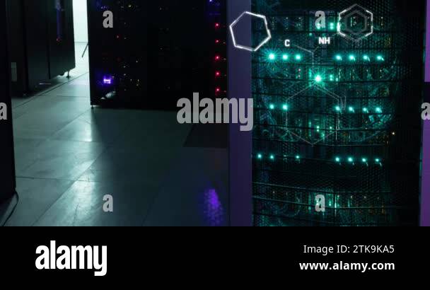 Animation of chemical structures floating against computer server room ...